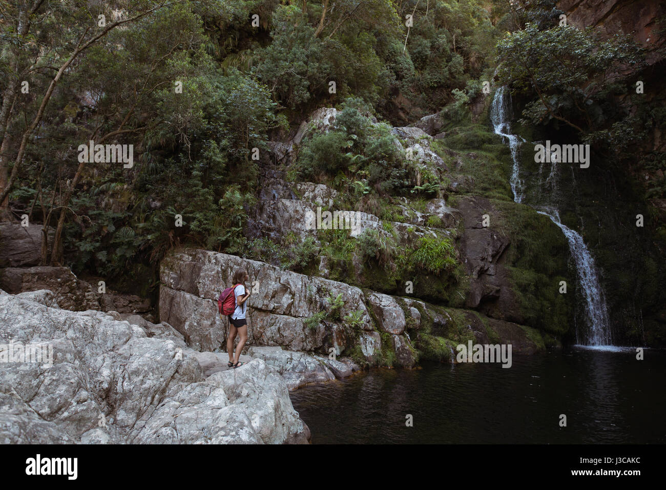 Woman standing near waterfall in countryside Stock Photo - Alamy