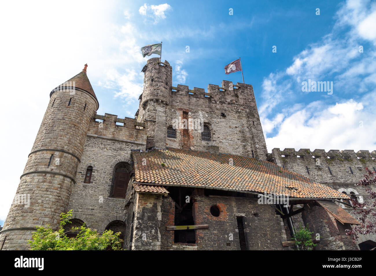 Exterior view of medieval castle named Gravensteen (Castle of the ...