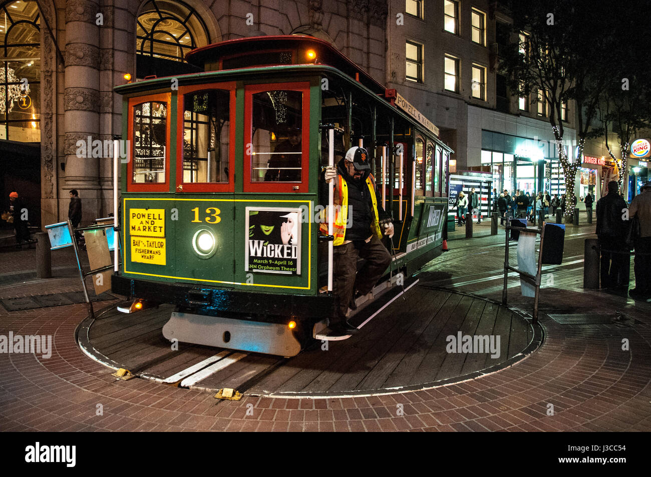 Cable car at the turning station, by night, San Francisco, USA Stock ...