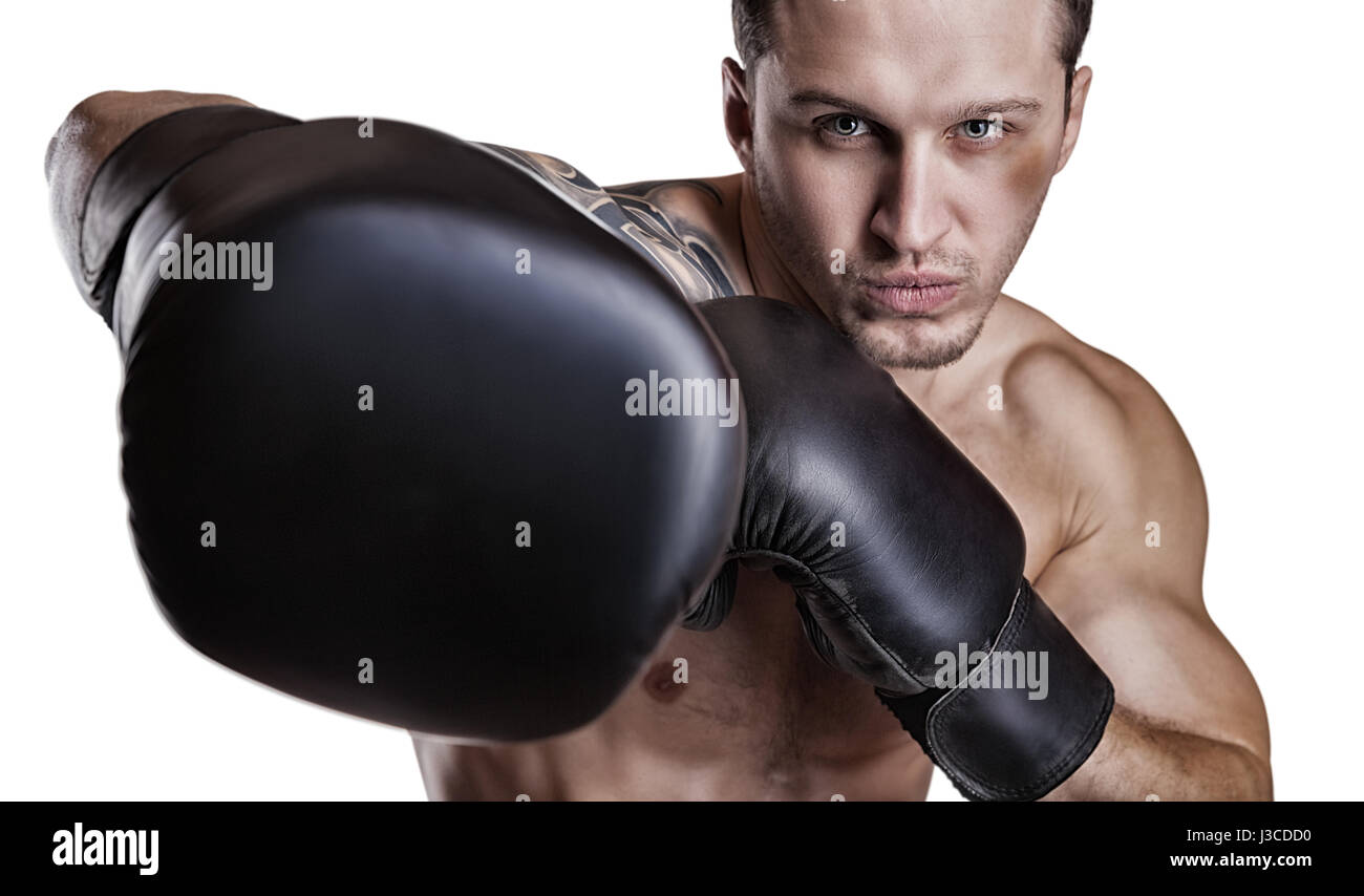 Boxer with boxing gloves before a fight isolated on white background ...