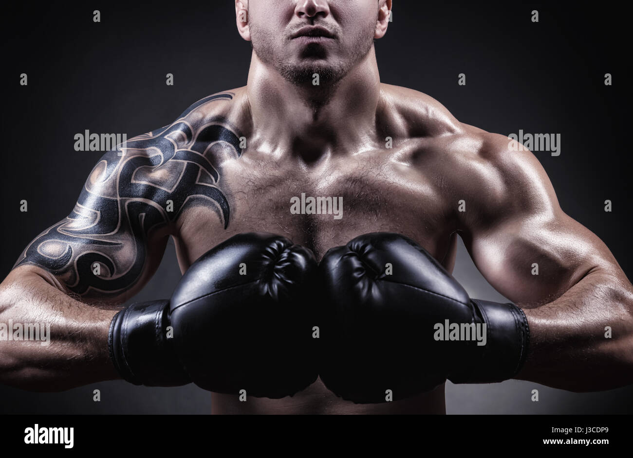 Boxer with boxing gloves before a fight on a black background. Boxing ...