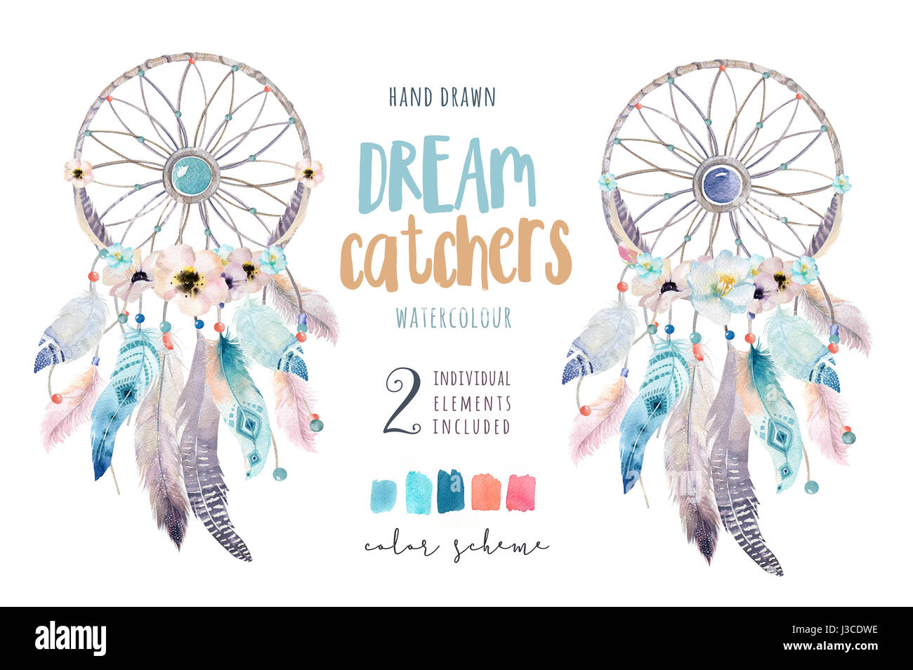 Isolated Watercolor decoration bohemian dreamcatcher. Boho feathers ...