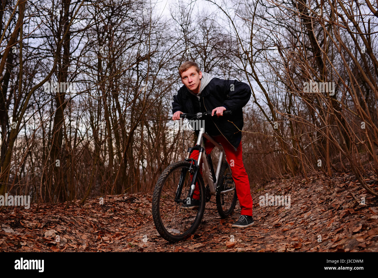 Cyclist Riding the Bike on the Trail in the Beautiful Spring Forest ...