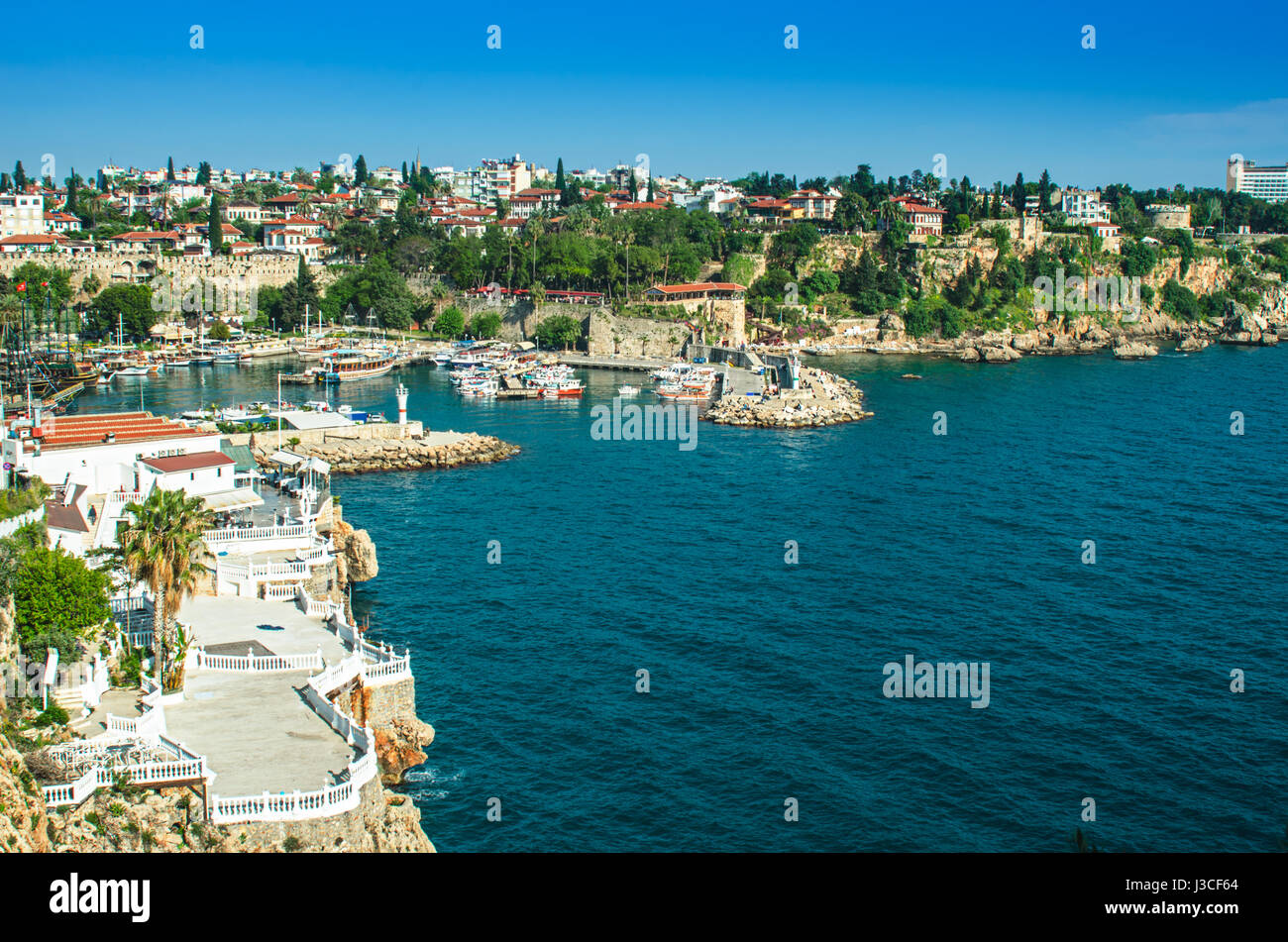 View over Antalya old port and old city (Kaleici), Turkey Stock Photo ...