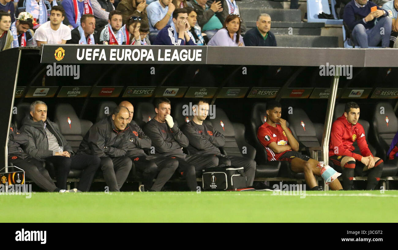 Manchester United's Marcus Rashford (second right) sits on the bench ...