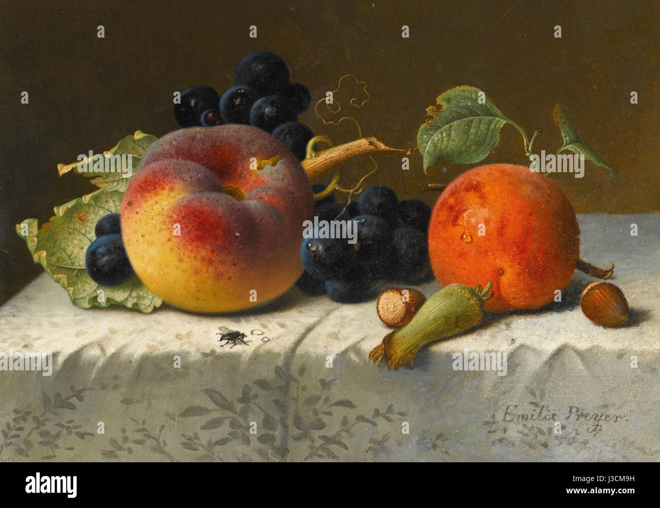 Emilie Preyer, STILL LIFE WITH PEACH, APRICOT, GRAPES AND HAZELNUTS ON ...