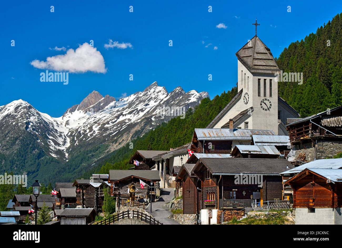 Swiss heritage mountain village Blatten, Lötschental, Pennine Alps ...