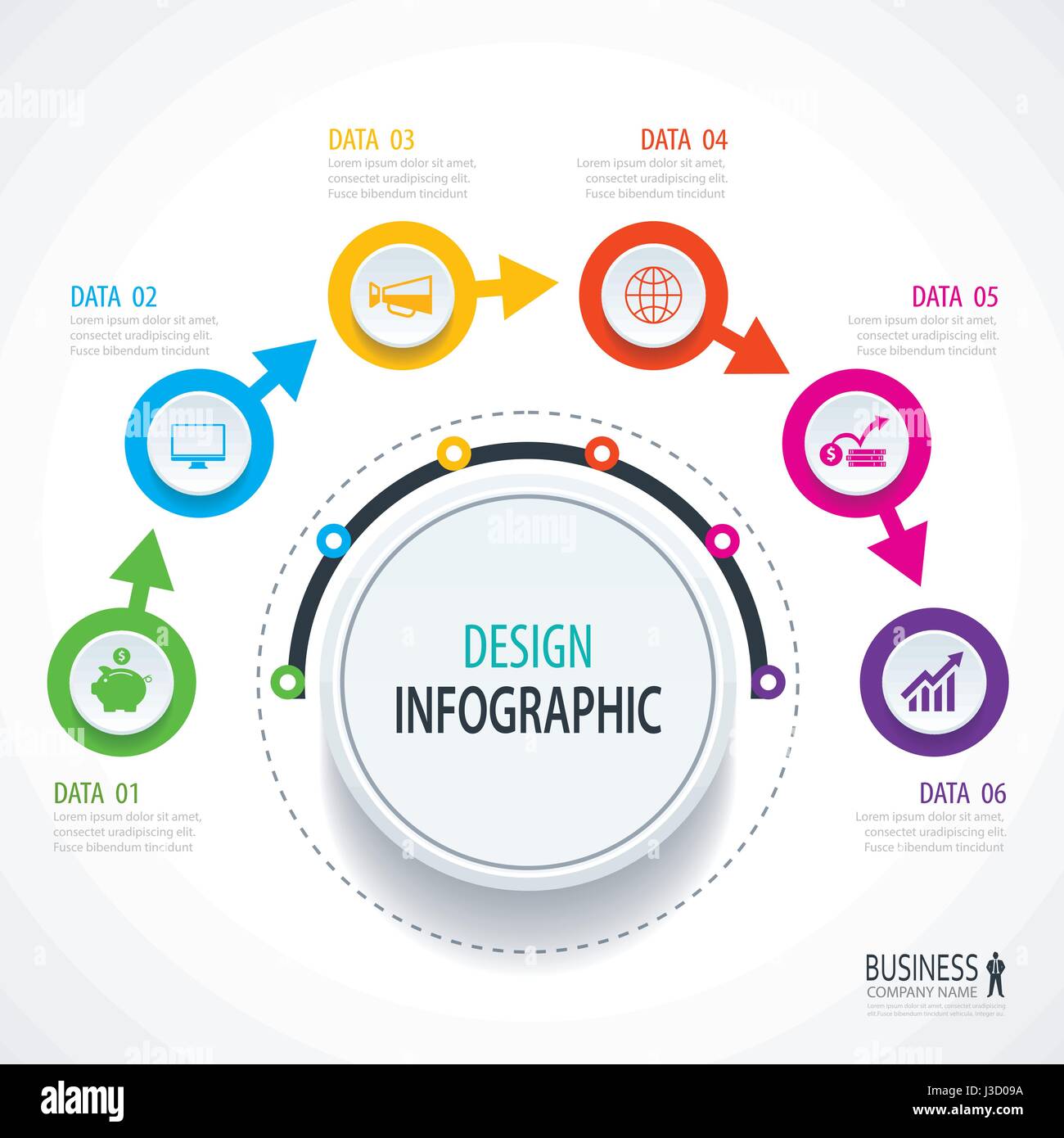 Business timeline infographics with 6 circles steps number options. Can ...