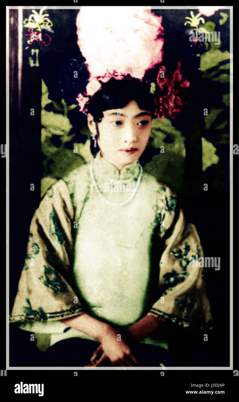 This colored image portrays Empress Wan Rong, the wife of Puyi, the ...