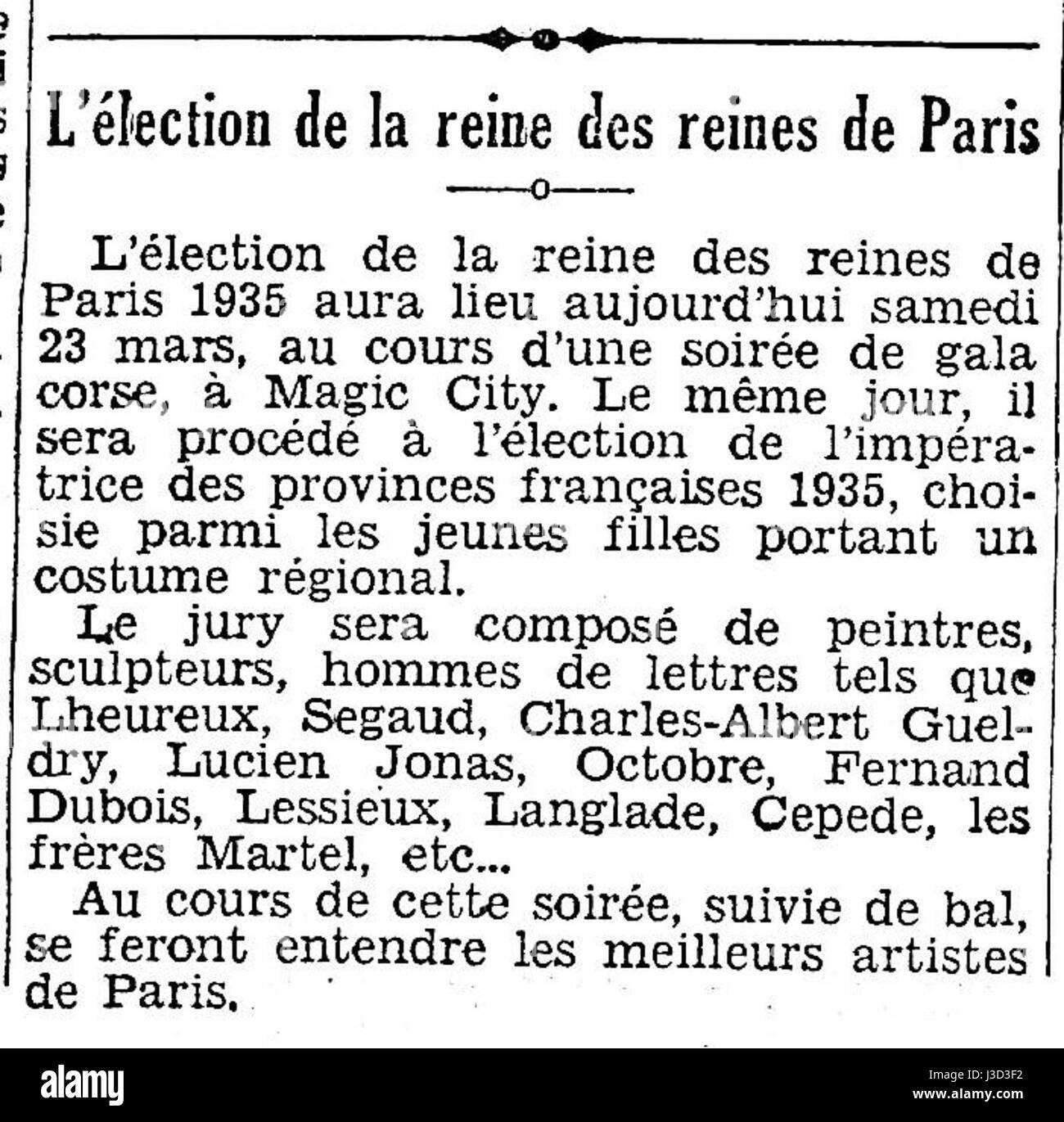 The 1935 'Election de la Reine des Reines de Paris' was a notable event ...