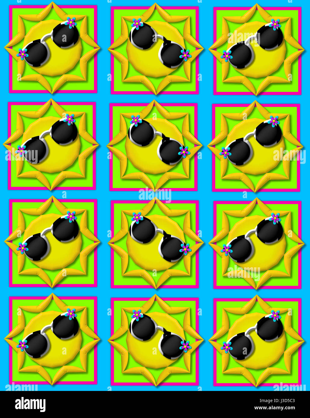 Blue background is decorated with colorful squares. Squares are topped ...