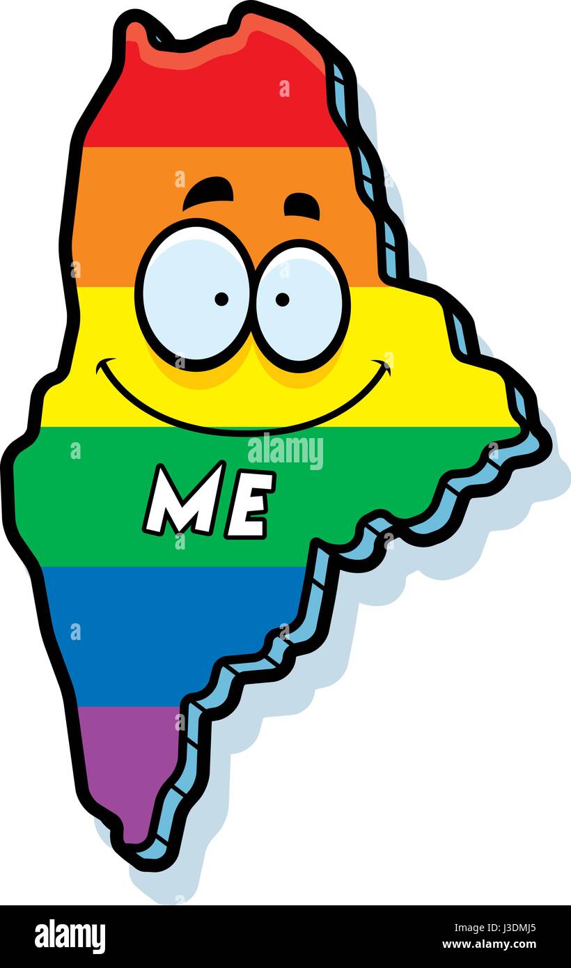 A cartoon illustration of the state of Maine smiling with rainbow flag ...
