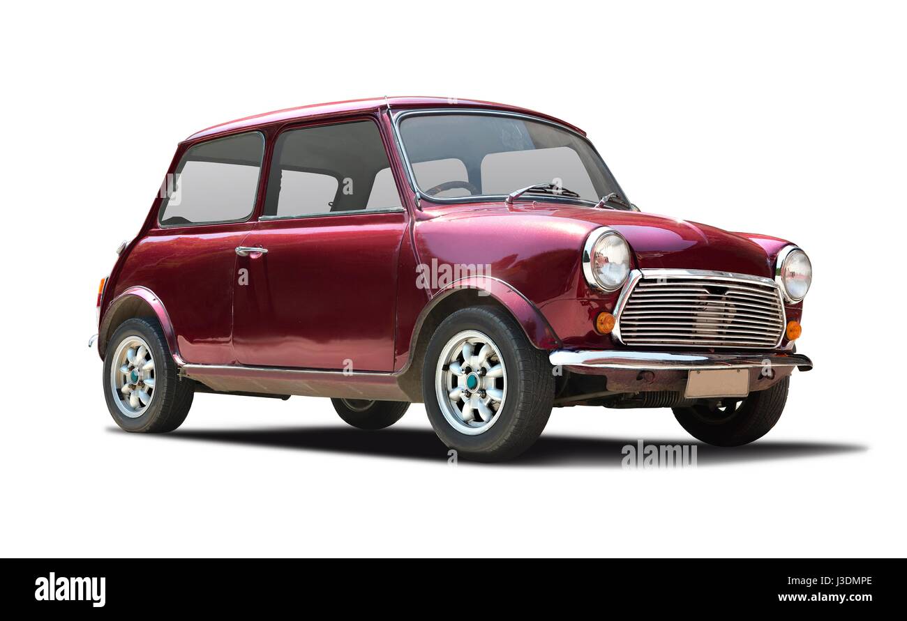 Classic British mini car side view isolated on white Stock Photo - Alamy