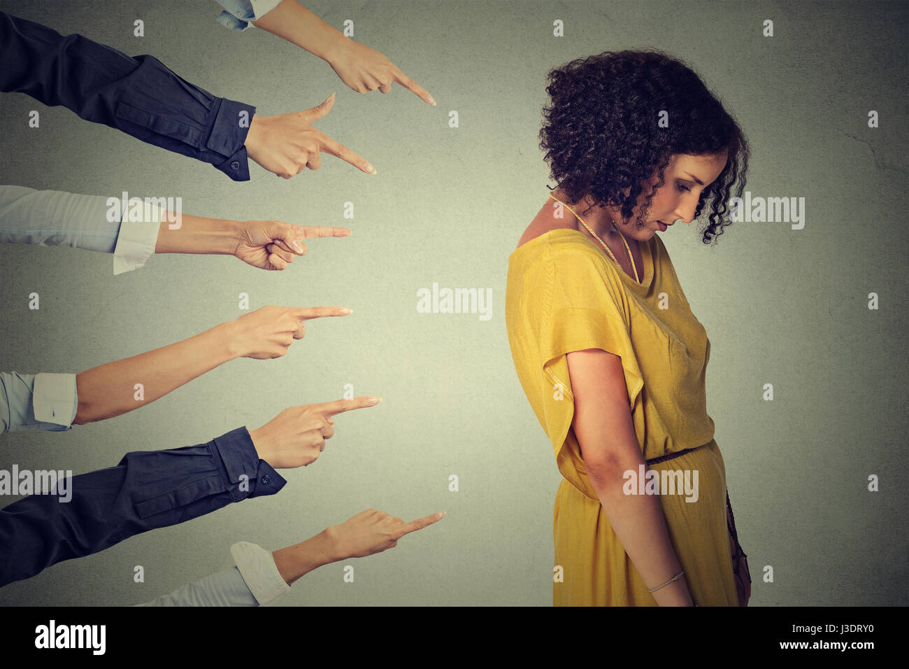 Concept accusation guilty person girl. Side profile sad upset woman ...