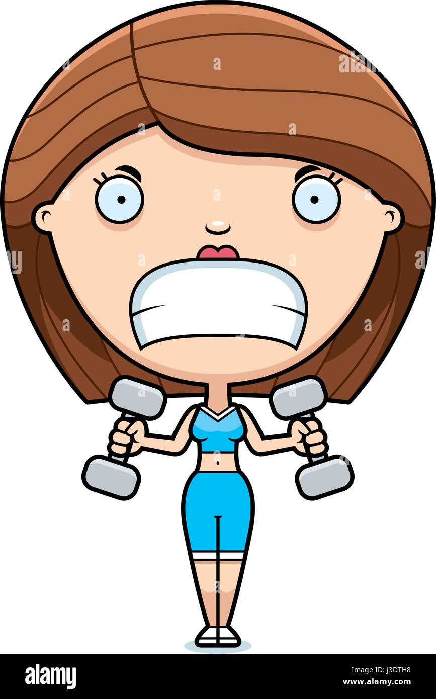 A cartoon illustration of a woman lifting weights looking angry Stock ...