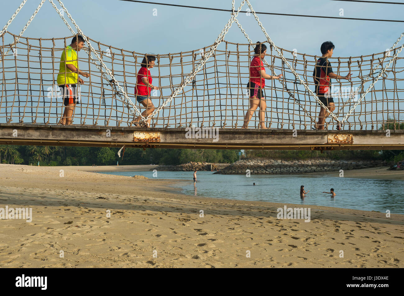 Singapore, Republic of Singapore, Asia, Rope bridge at Palawan Beach on ...