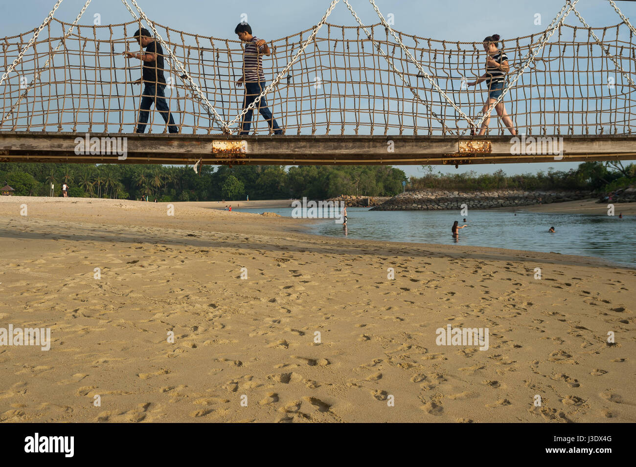 Singapore, Republic of Singapore, Asia, Rope bridge at Palawan Beach on ...