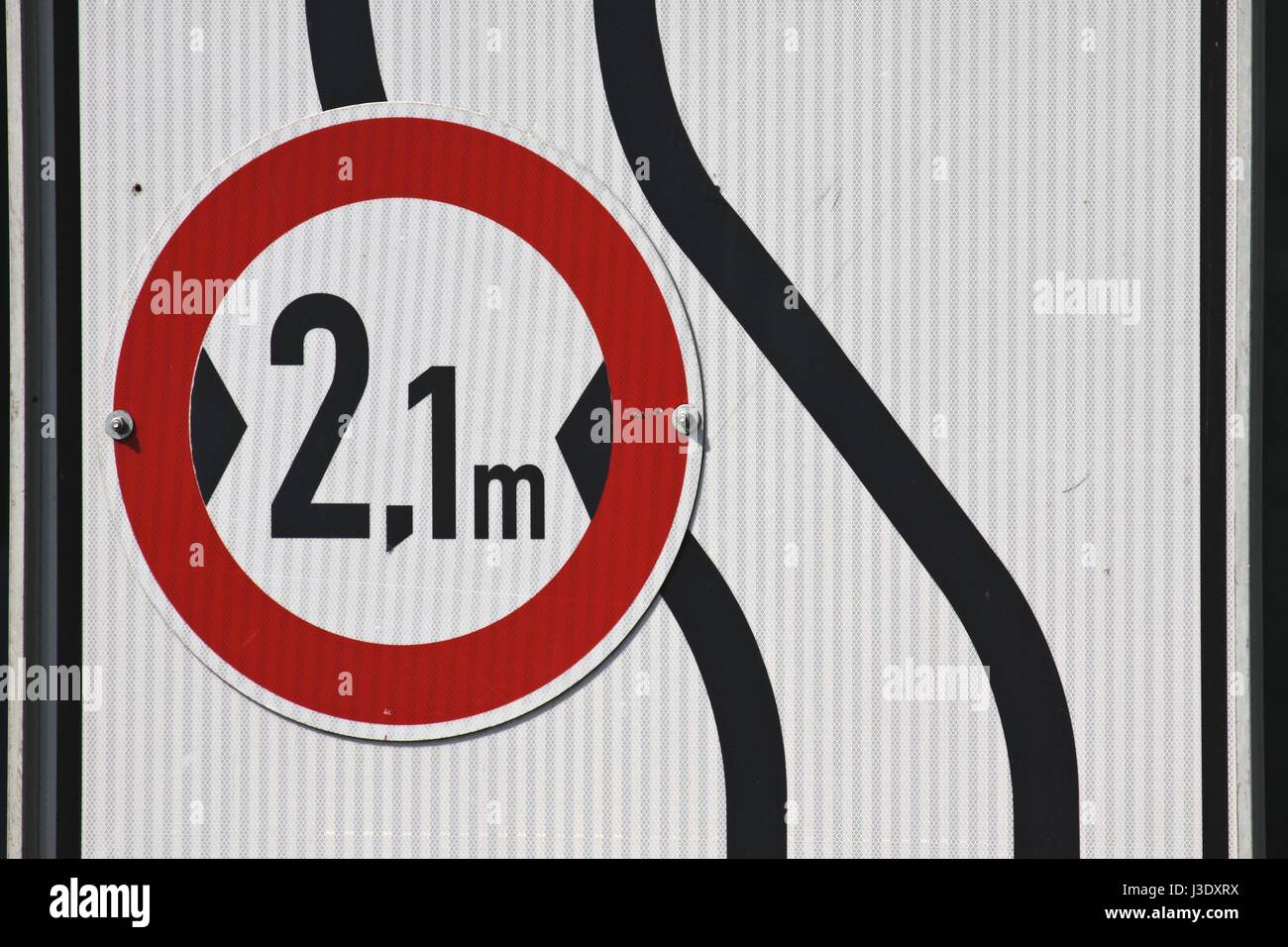 German road sign: detouring with width limit 2,1 m on left lane Stock ...