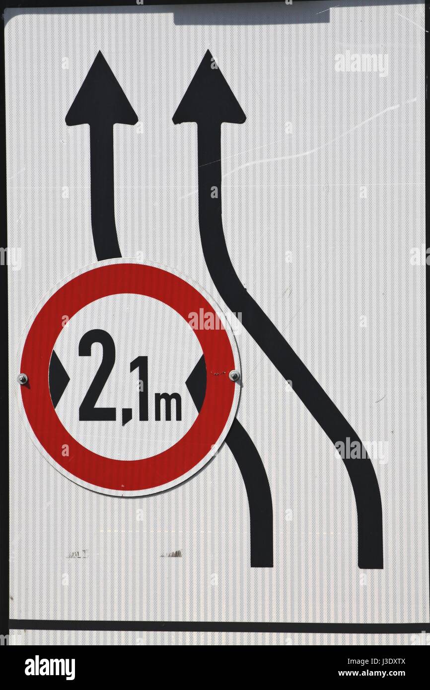 German road sign: detouring with width limit 2,1 m on left lane Stock ...