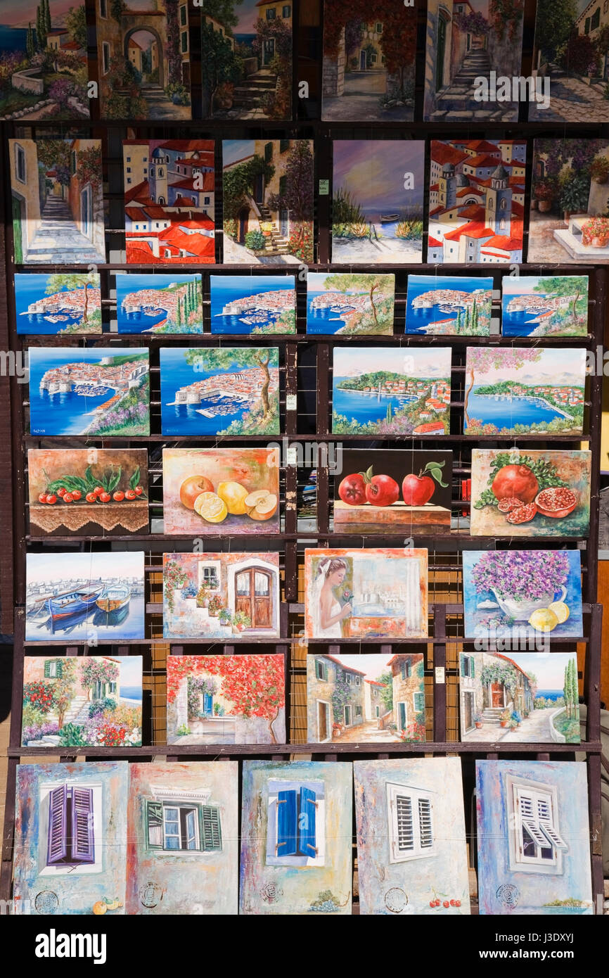 Paintings on display at a souvenir shop in Cavtat, Dalmatia region ...