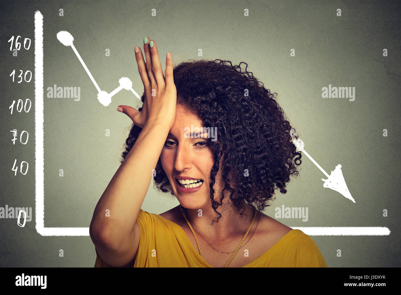 Frustrated stressed business woman with financial market chart graphic ...
