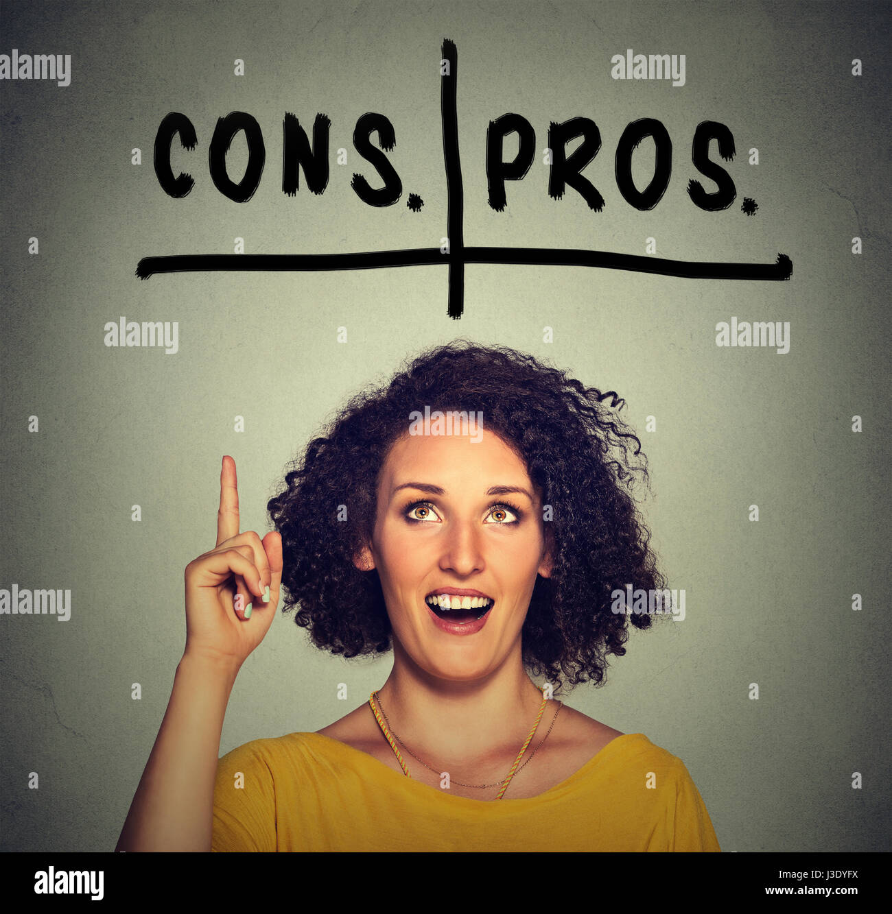 pros and cons, for and against argument concept. Young business woman ...