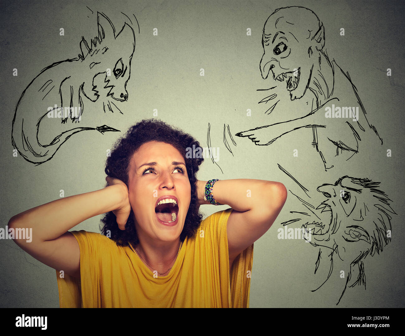 Bad evil men pointing at stressed woman. Desperate scared young woman ...