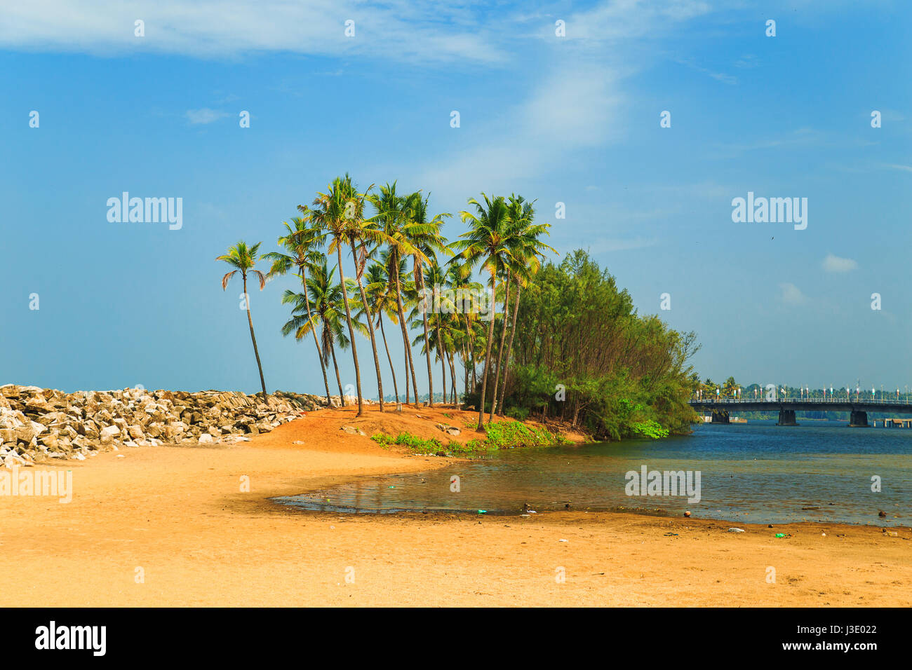 Tropical landscape with blue sky and palm trees. Beautiful beach Kappil ...