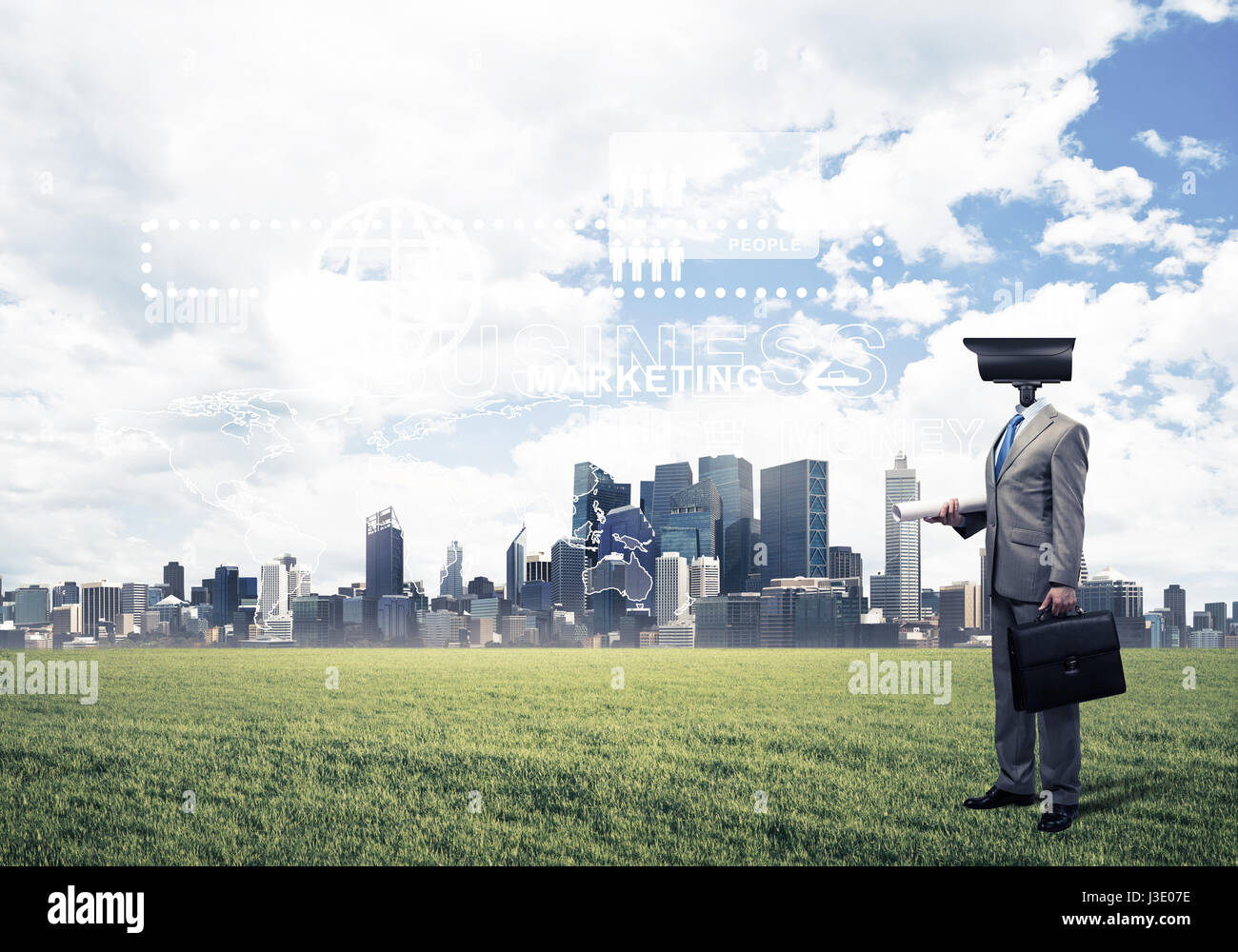 Camera headed man standing on green grass against modern citysca Stock ...