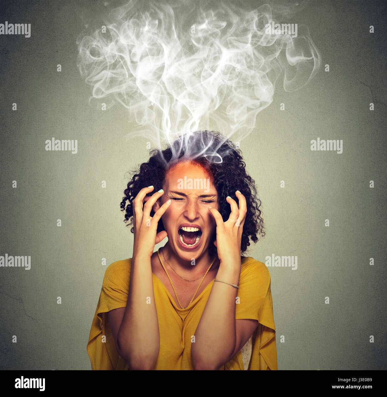 Very angry pissed off woman screaming steam smoke coming out up of head ...