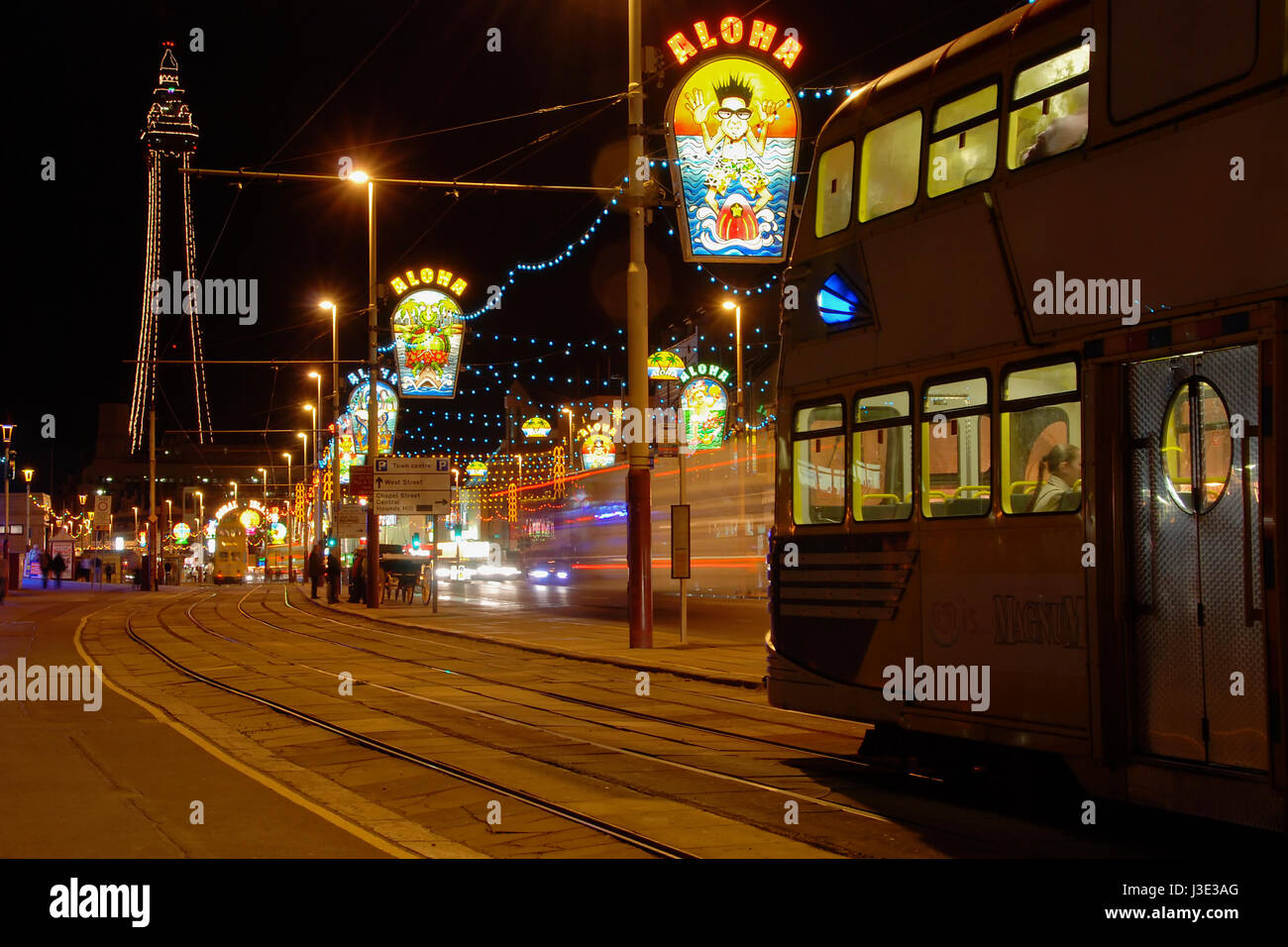The lights on the promenade at night in Blackpool, Lancashire, England ...