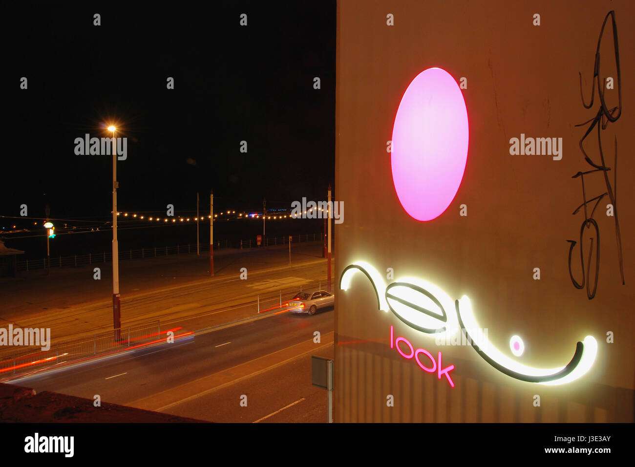 The lights on the promenade at night in Blackpool, Lancashire, England ...