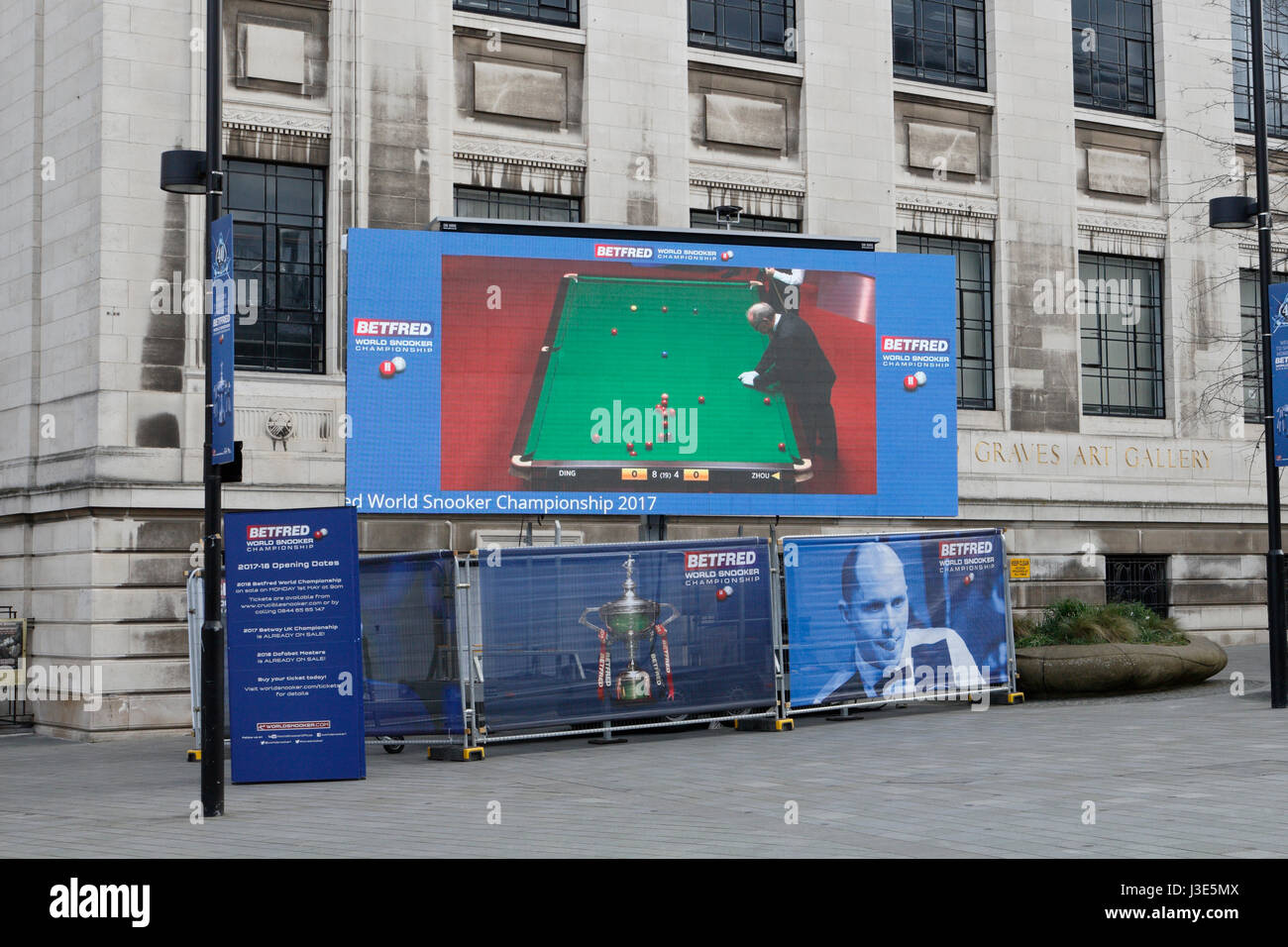Outdoor screen in Tudor Square Sheffield England showing world snooker ...