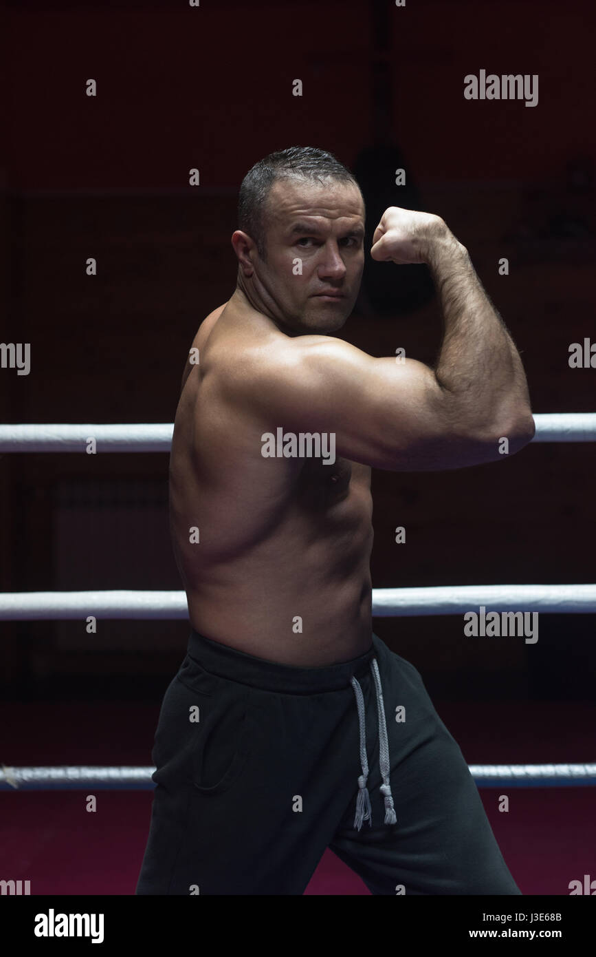 professional kickboxer with hands in martial arts position training for ...