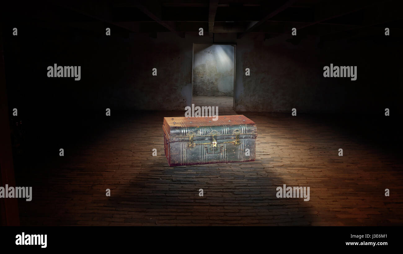 old metal chest like treasure box in the basement, retro style Stock ...