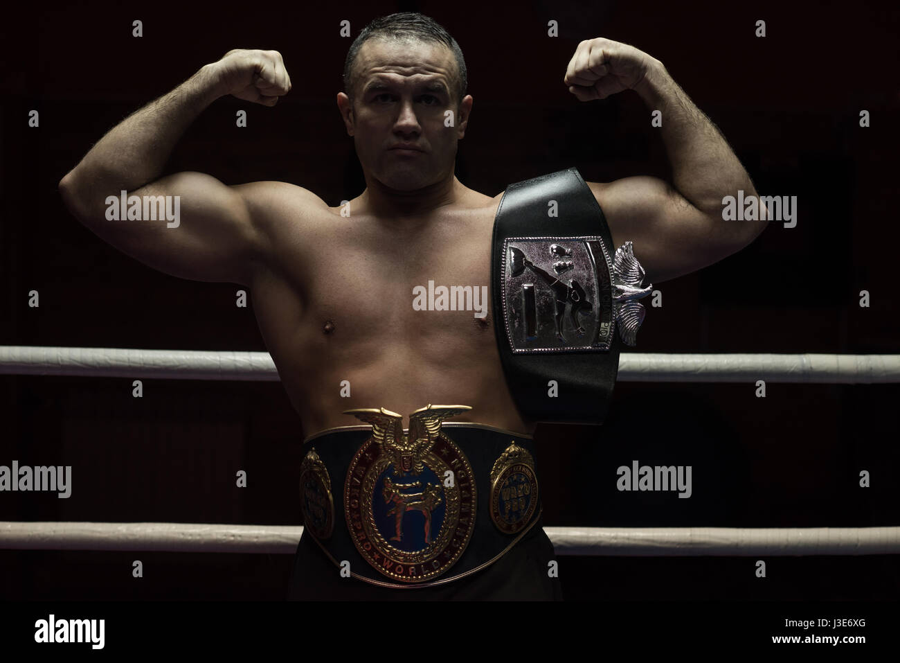 portrait of muscular professional kick boxer with his championship belt ...