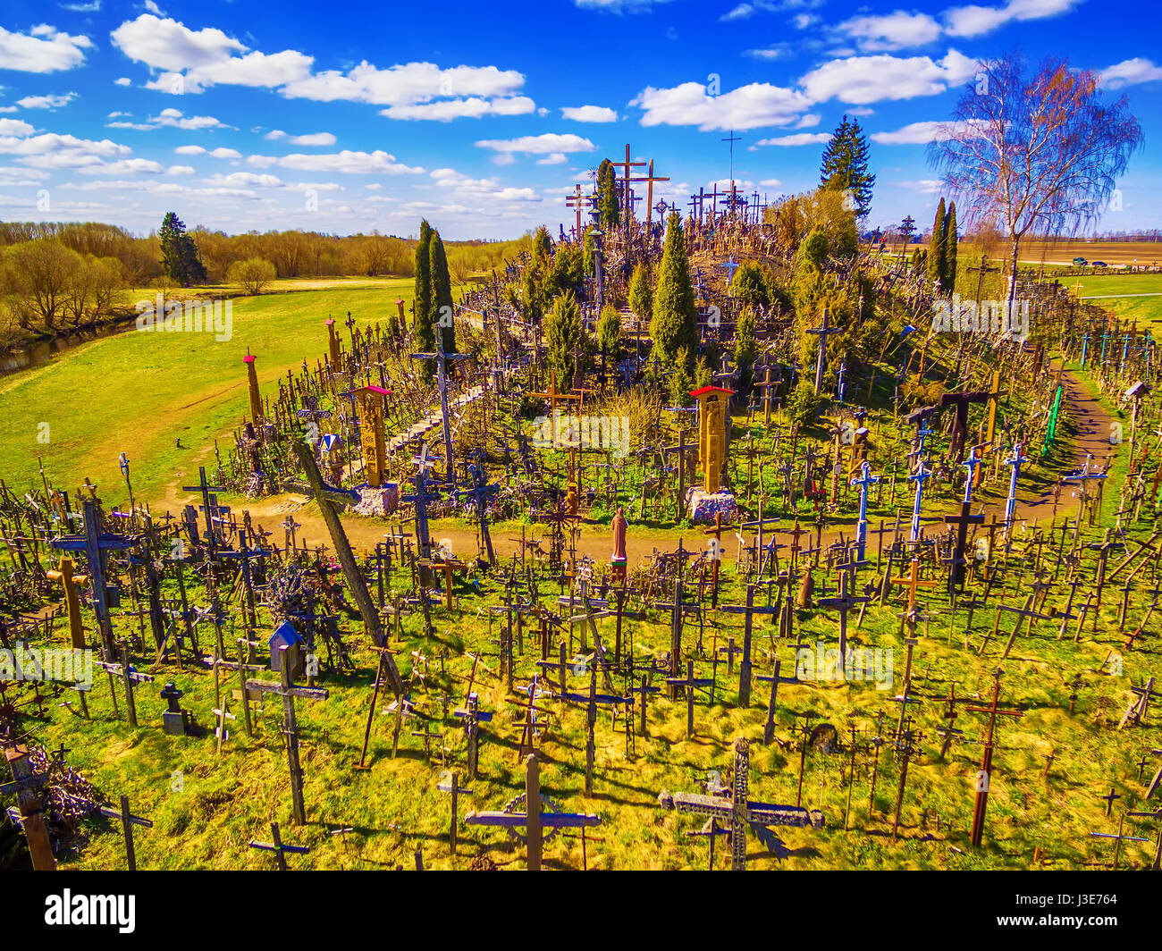Siauliai region, Lithuania: aerial above view of Hill of Crosses ...