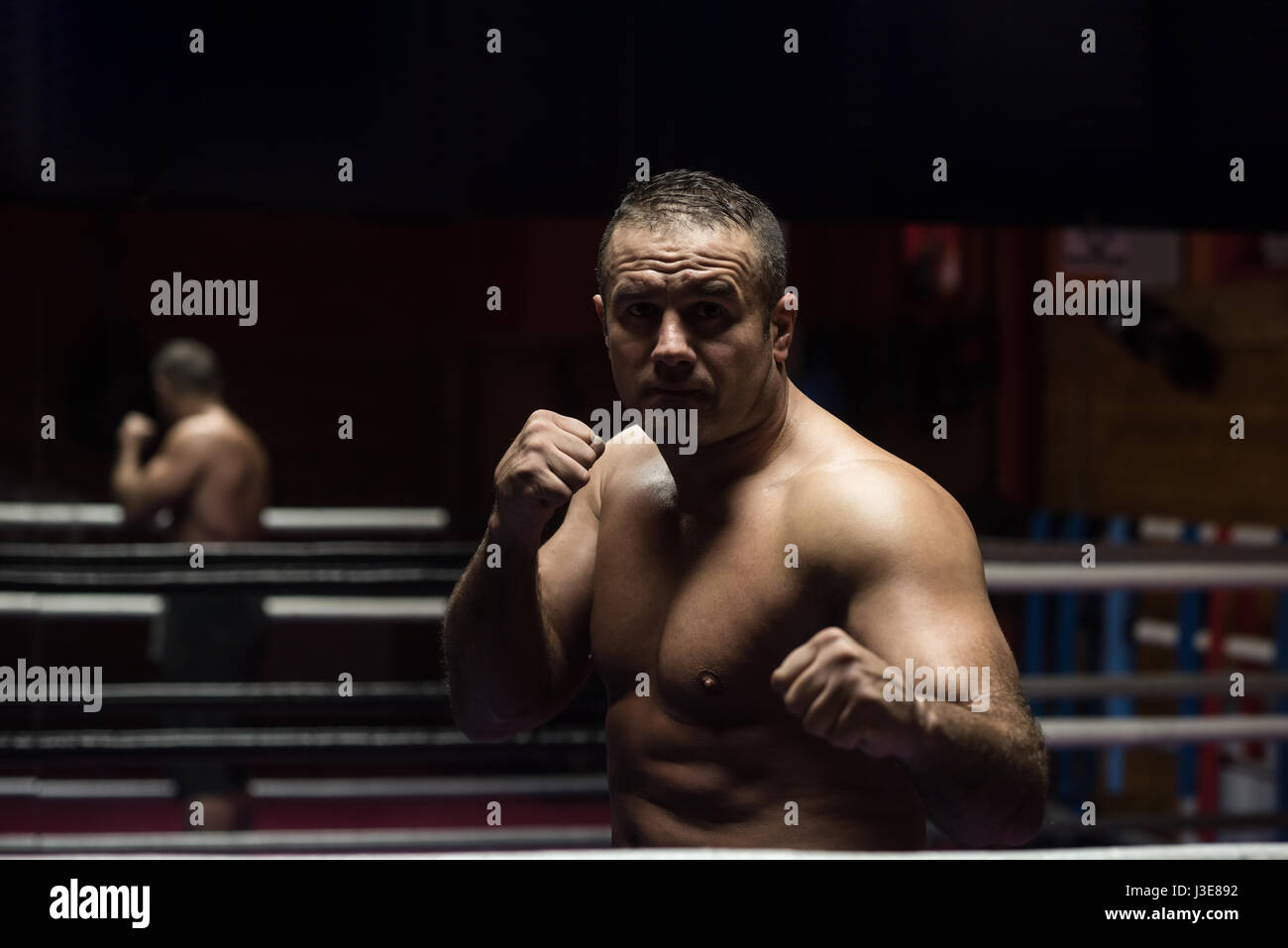 professional kickboxer with hands in martial arts position training for ...