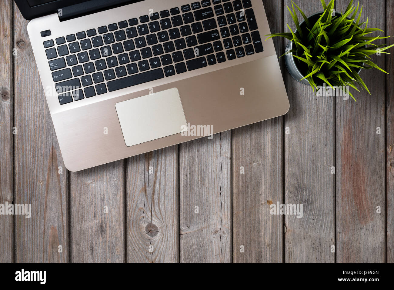 Overhead shot of office table with computer and plant Stock Photo - Alamy