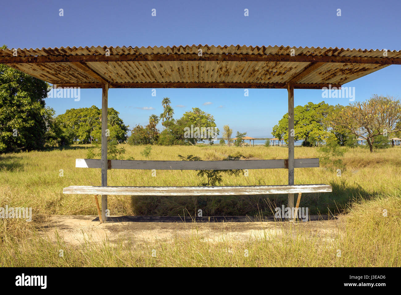 An old bus stop and abandoned shelter with bench in Guantanamo Bay ...