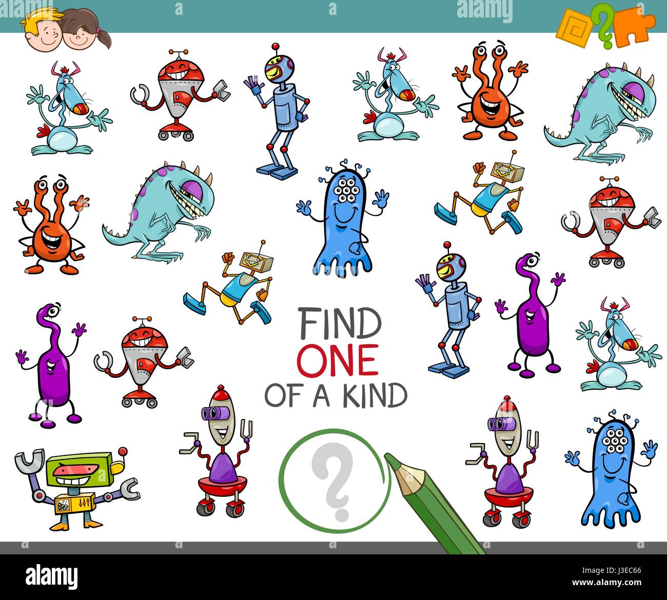 Cartoon Illustration of Find One of a Kind Educational Activity Game ...