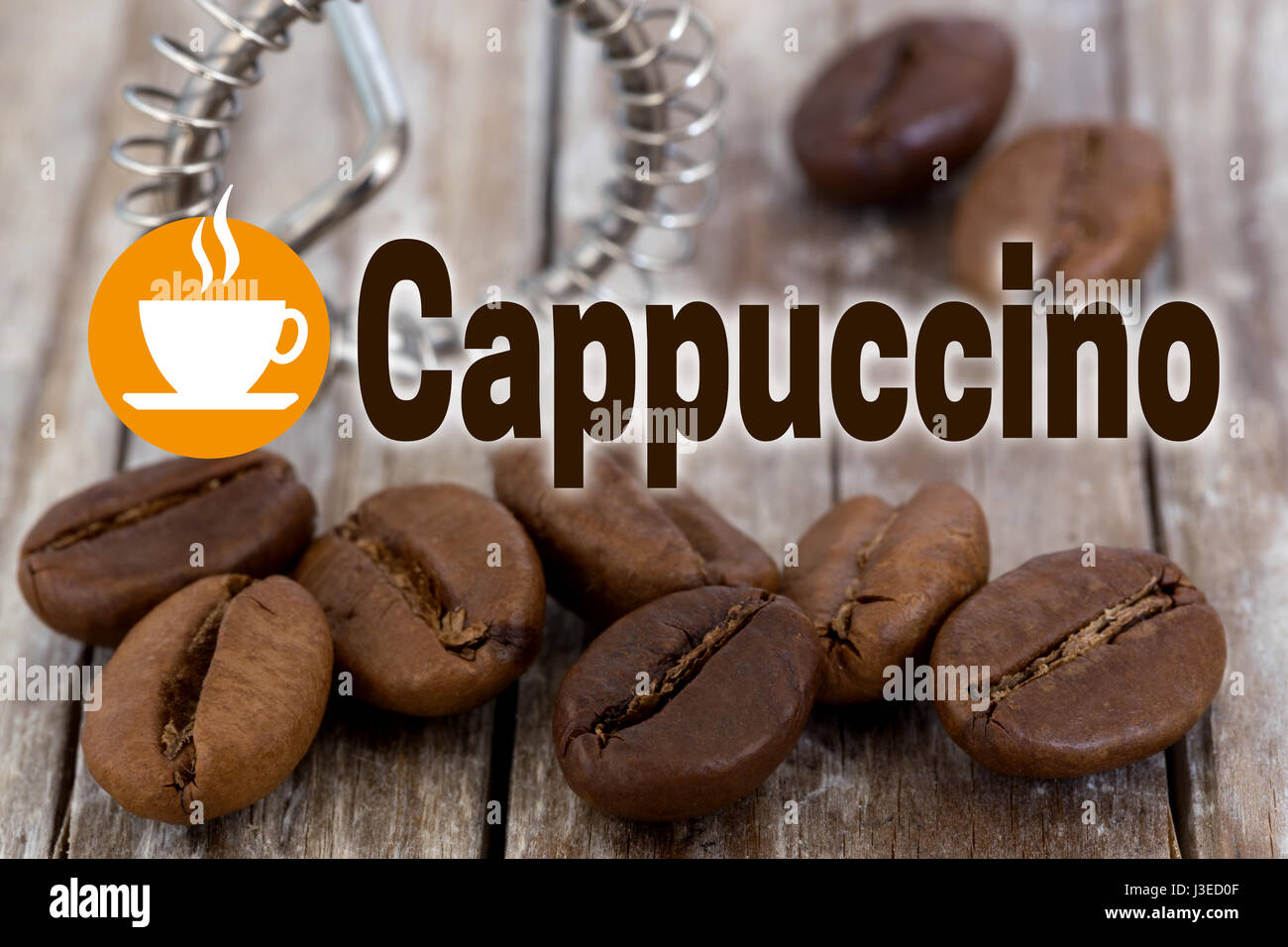 Cappuccino concept Background with coffee beans and wood Stock Photo ...