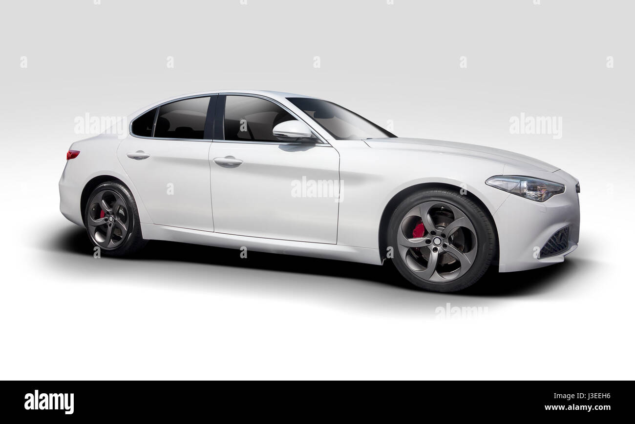 White family car side view isolated on white Stock Photo - Alamy