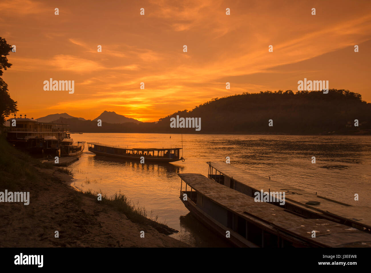 the Landscape at the Mekong River in the town of Luang Prabang in the ...