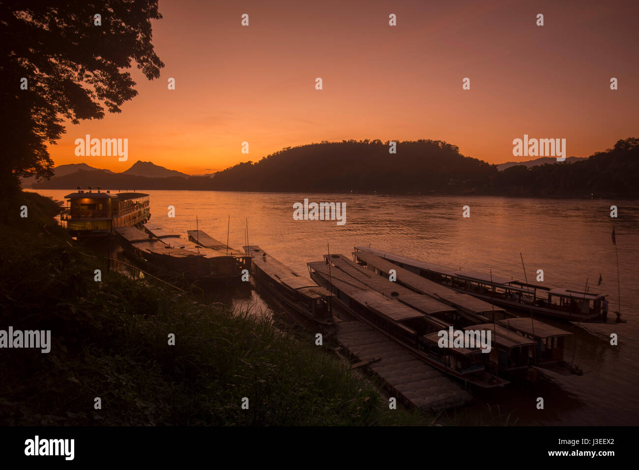 the Landscape at the Mekong River in the town of Luang Prabang in the ...