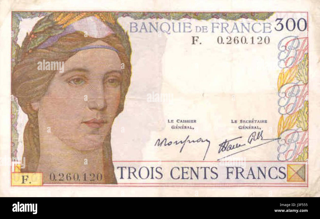 This is a 300 Francs banknote from France, issued in 1938. It ...