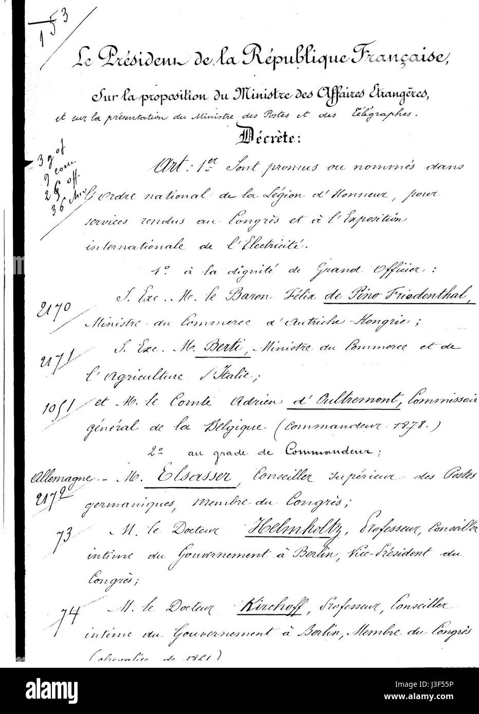 French Presidential Decree Award of Legion of Honour to Helholtz, Bell ...