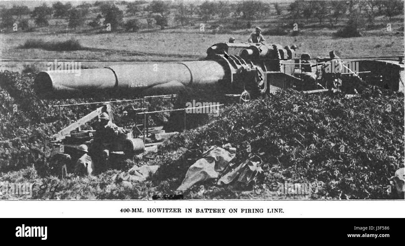 The French 400mm railway howitzer, stationed in a battery position, is ...
