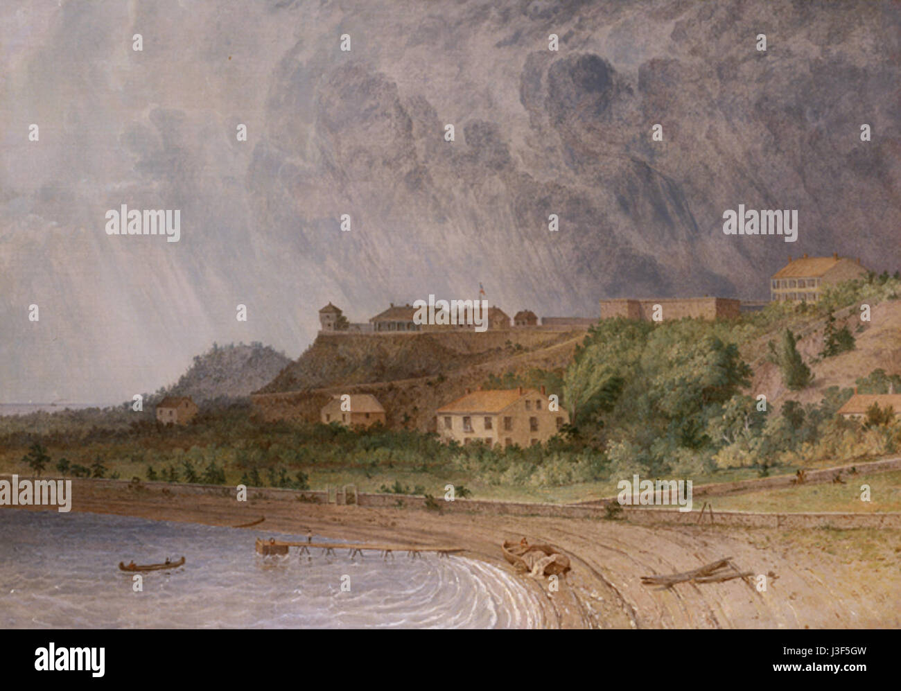 A painting of Fort Mackinac, a historic military outpost located on ...