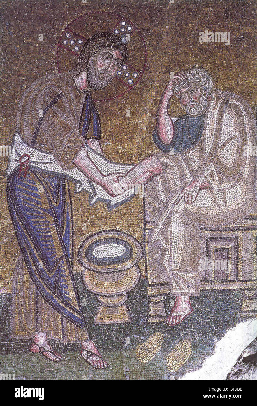 The artwork depicts the religious tradition of foot washing, as seen in ...
